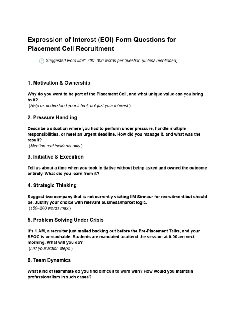 EOI Questions for Placement Cell Recruitment | PDF