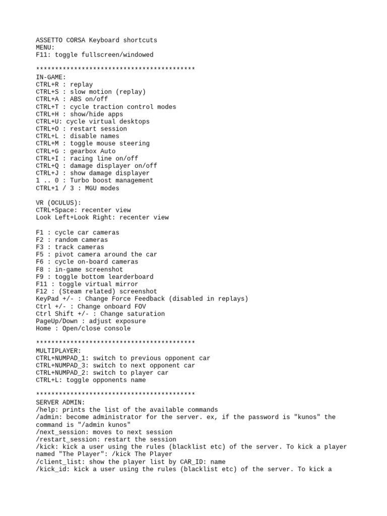 ASSETTO CORSA Keyboard Shortcuts | PDF | Human–Computer Interaction ...