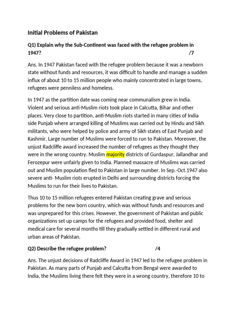 Initial Problems of Pakistan | PDF | Partition Of India | South Asia