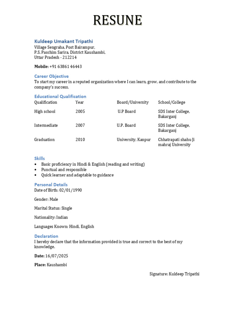 Kuldeep Tripathi Resume Overview | PDF