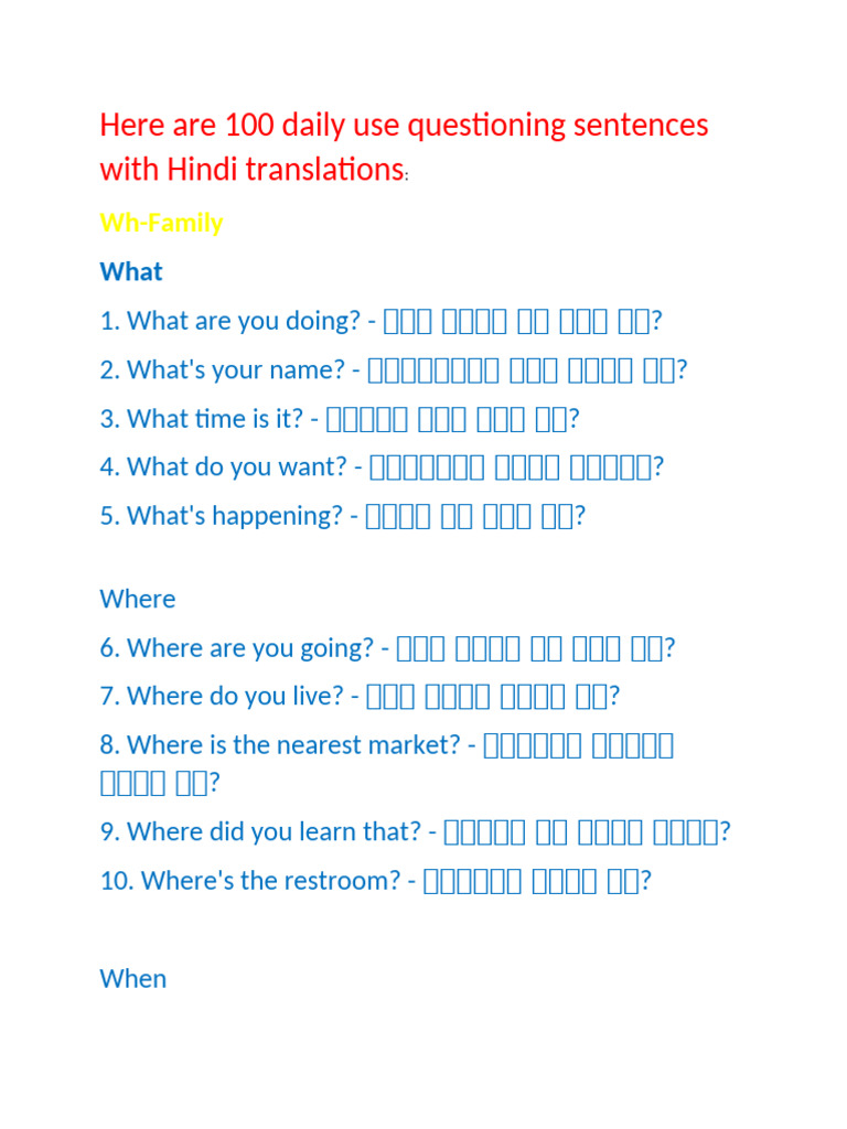 Here Are 100 Daily Use Questioning Sentences With Hindi Translations | PDF