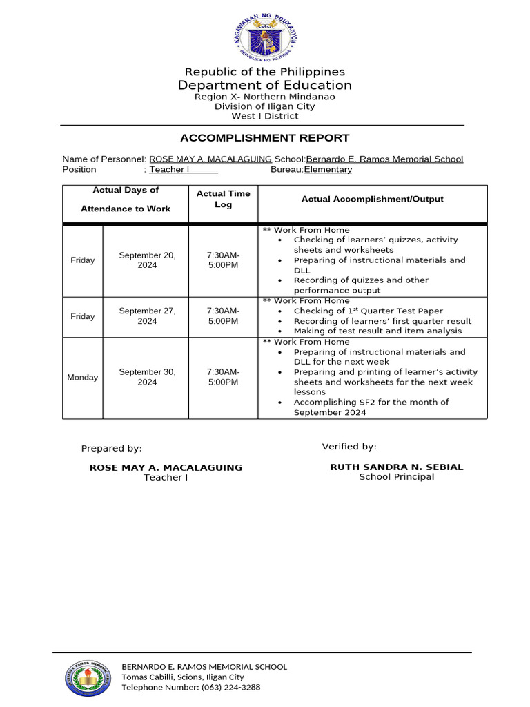 Bernardo E. Ramos School Accomplishment Report | PDF | Learning