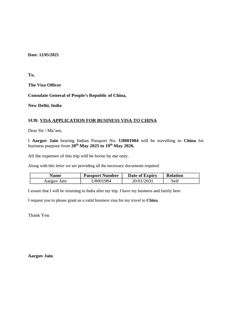 Business Visa Application Cover Letter | PDF