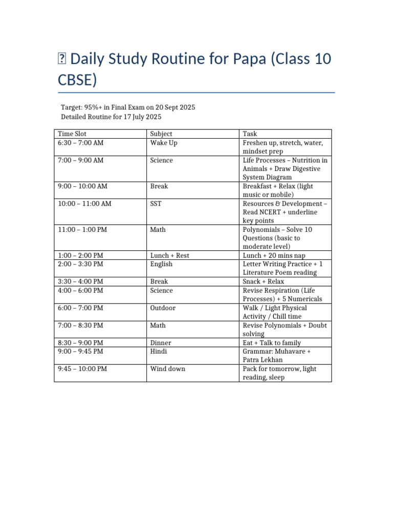 Daily Study Plan for Class 10 CBSE | PDF