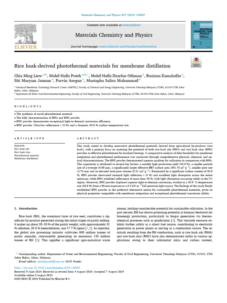 Rice Husk-Derived Photothermal Materials For Membrane Distillation ...