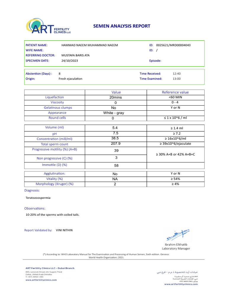 Semen Analysis Report 231025113308736 | PDF