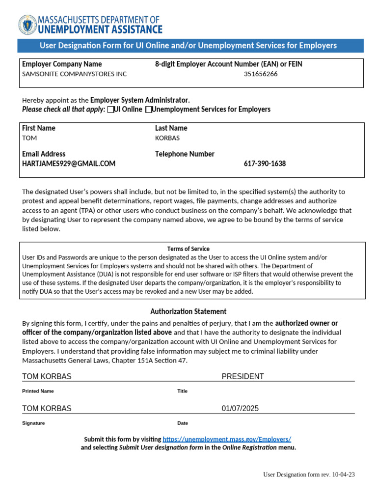 User Designation Form for MA Unemployment | PDF | User (Computing)