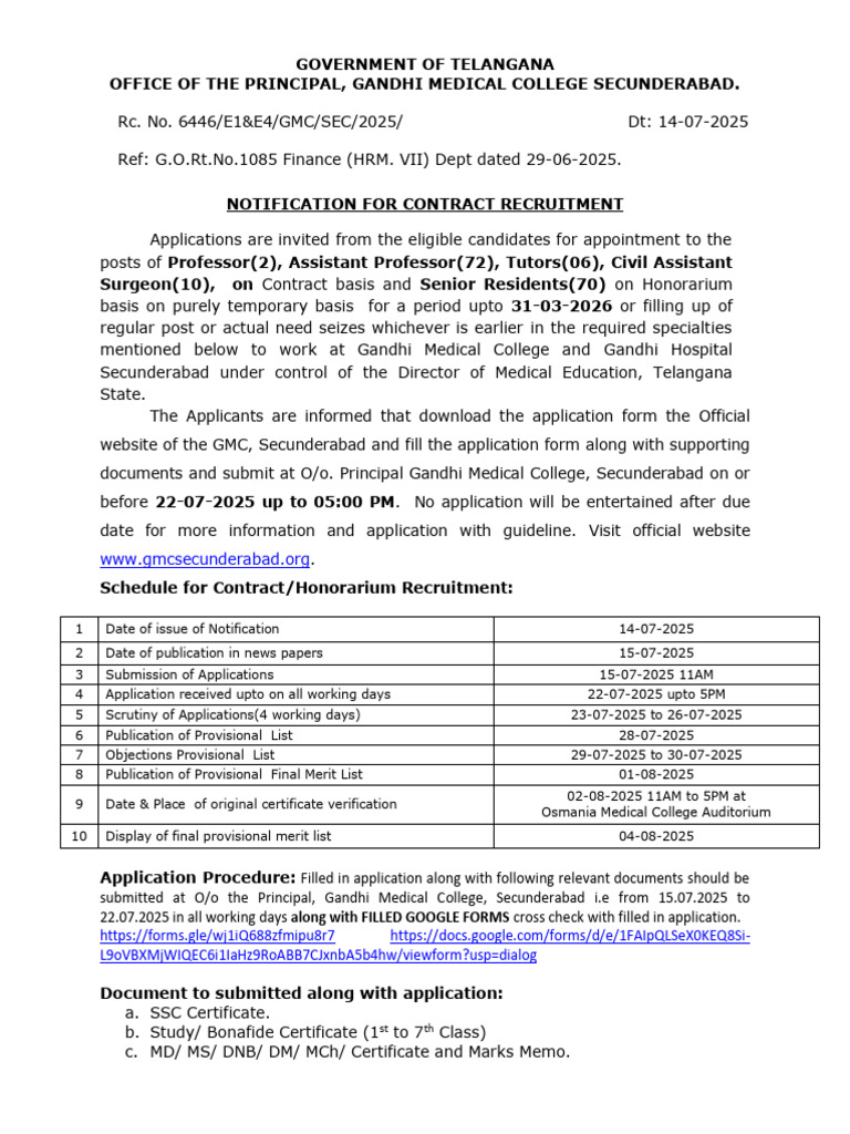 Gandhi Medical College Recruitment 2025 | PDF | Doctor Of Medicine ...