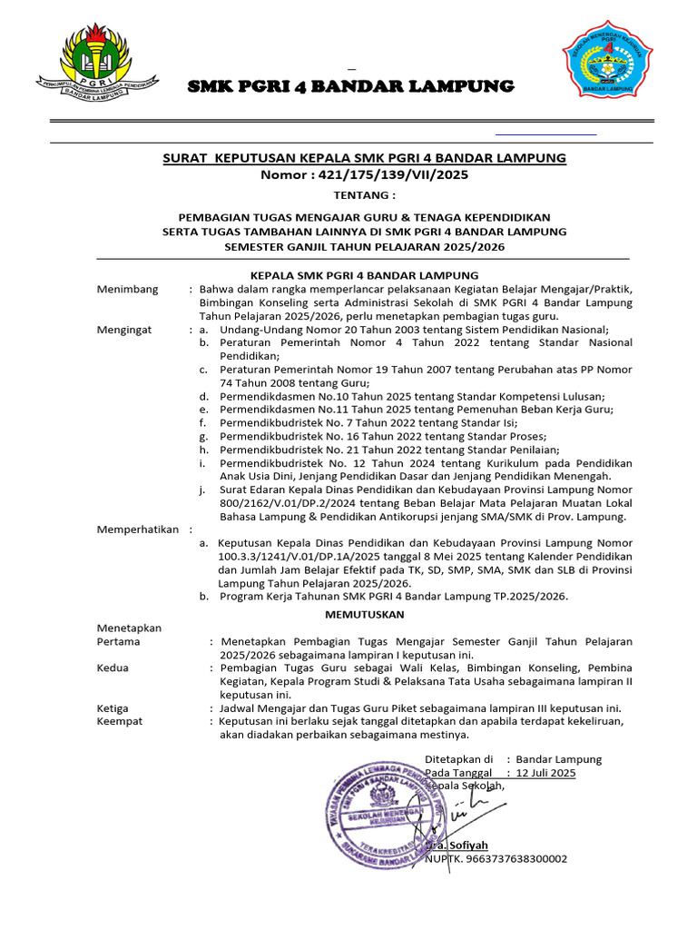 SK Pembagian Tugas SMK Semester Ganjil Tp.2025-2026 - All - Fix | PDF