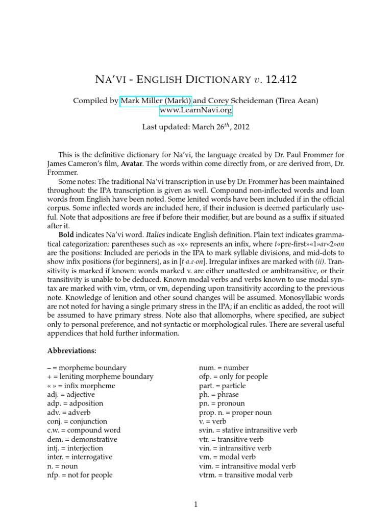 A Definitive Na'vi - English Dictionary: Version 12.412 | PDF | Verb ...