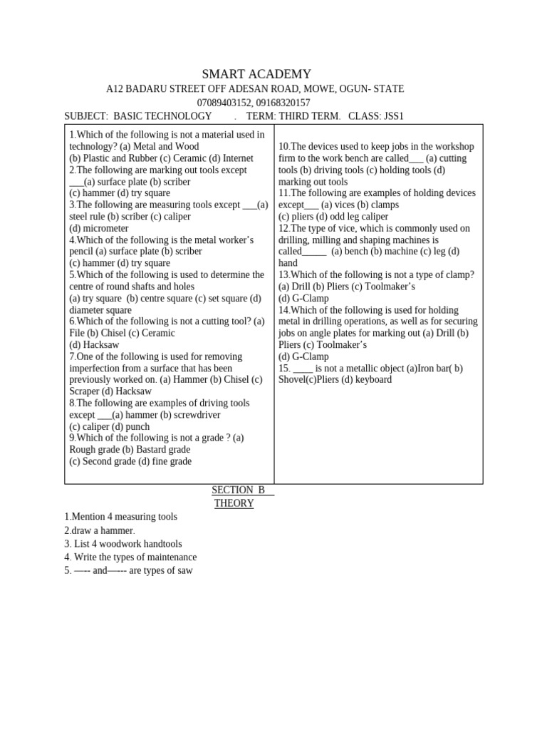 JSS1 Basic Technology Assessment | PDF | Tools | Metalworking