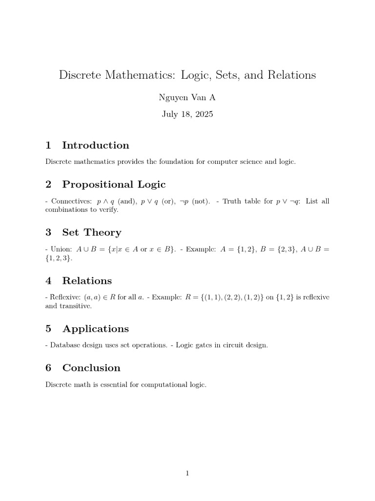 Discrete Mathematics: Logic, Sets, and Relations: Nguyen Van A July 18, 2025 | PDF