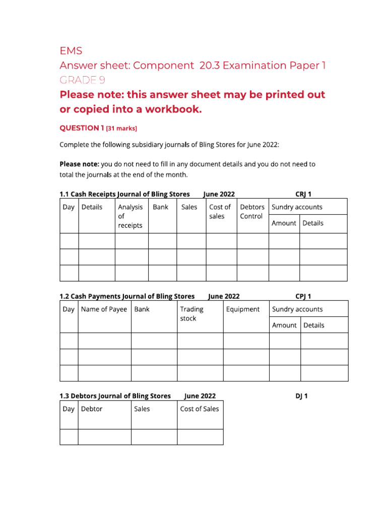 G9 EMS T2 Exam Answer Sheet Paper 1 | PDF
