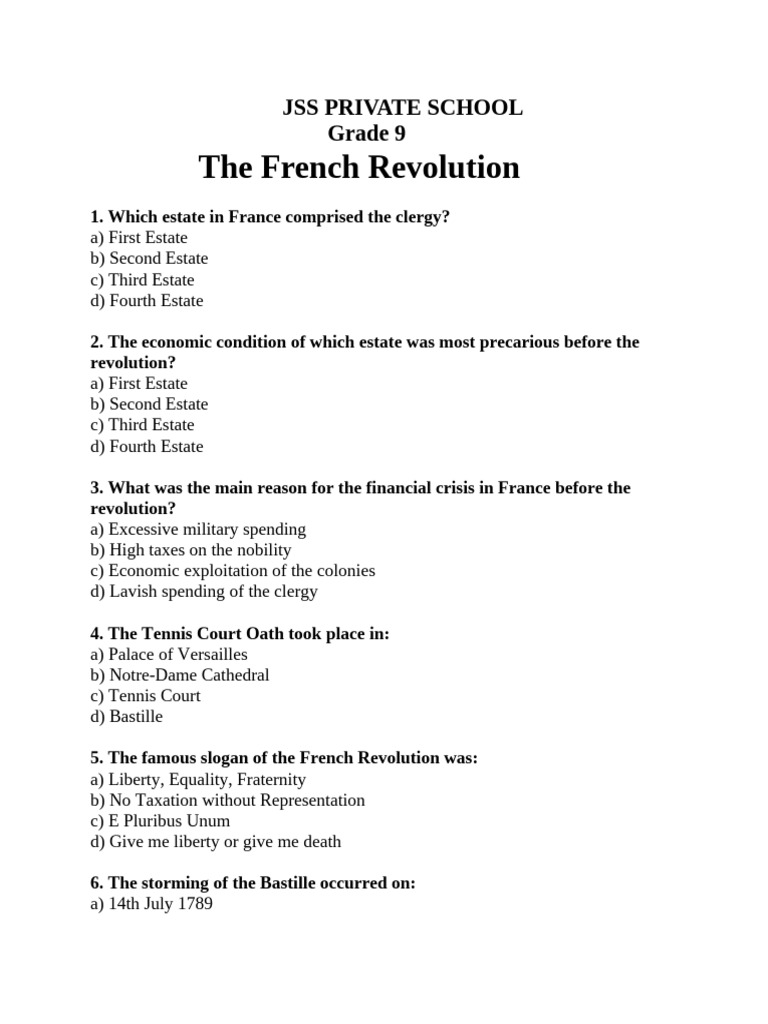 French Revolution Worksheet Questions | PDF