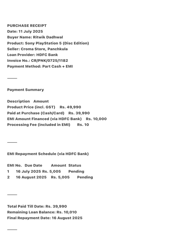 PS5 Purchase Receipt from Croma Panchkula | PDF