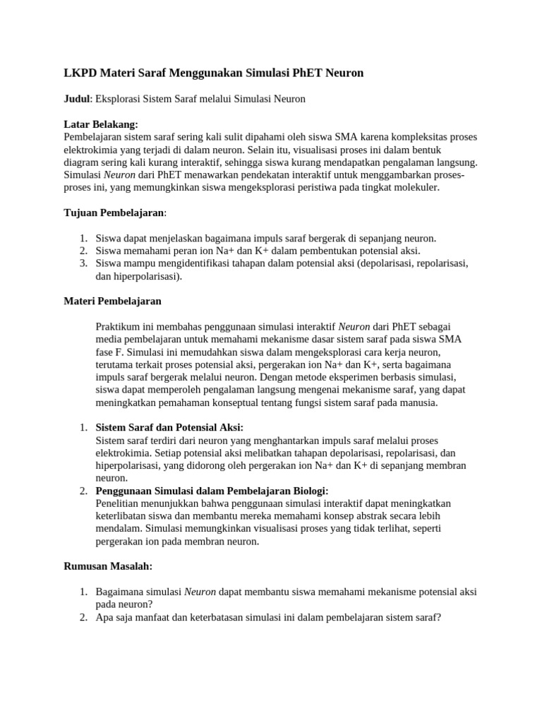 LKPD Materi Saraf Menggunakan Simulasi PhET Neuron | PDF