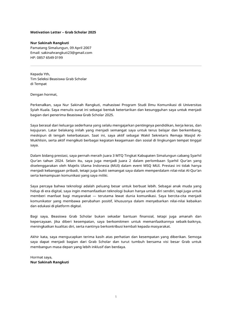 Motivation Letter Beasiswa Grab Scholar 2025 | PDF