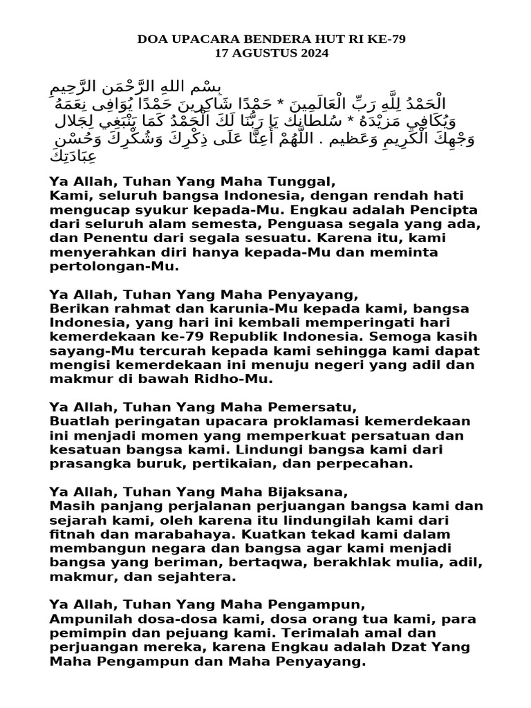 Doa Upacara HUT RI Ke-79 | PDF
