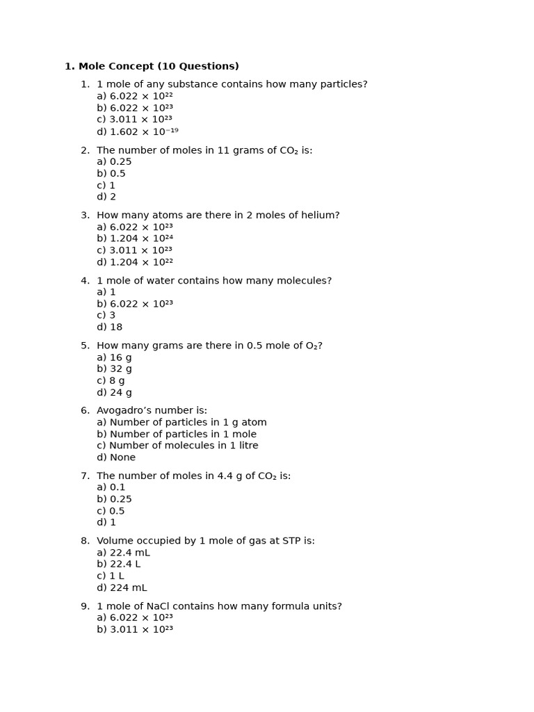 Assignment (Mole Concept) | PDF | Mole (Unit) | Metrology