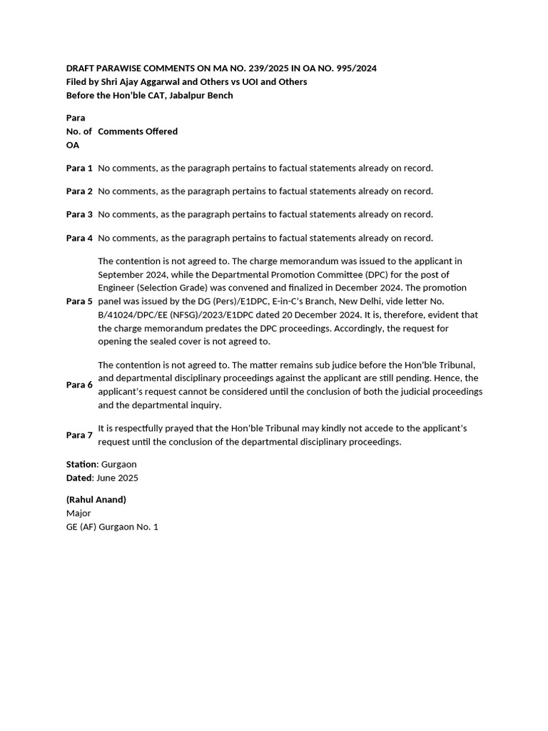 Parawise Comments On MA No.239 of 2025 | PDF