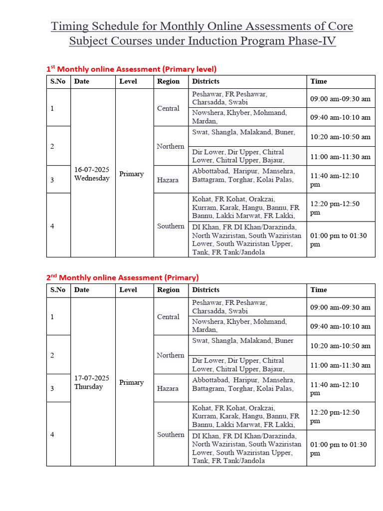 Timing Schedule For 1st & 2nd Monthly Assessment (Primary Level) of ...