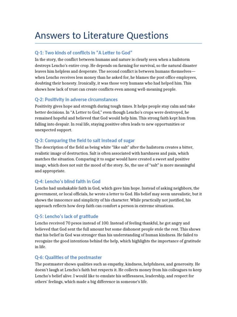 Literature Questions Answers | PDF | Faith | Hope