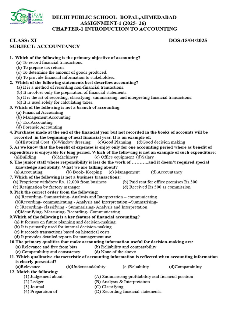T-1 C-1 Assignment On Chapter-1 Intro To Accounting | PDF | Expense ...