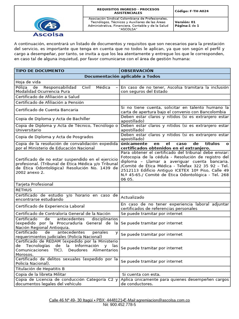 Requisitos de Ingreso - Asistenciales Actualizado | PDF | Enfermería ...