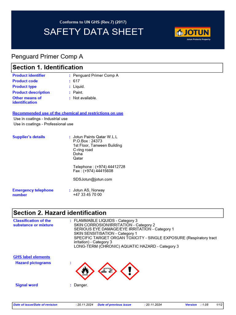 SDS 617 Penguard Primer Comp A Euk QA | PDF | Toxicity | Occupational ...