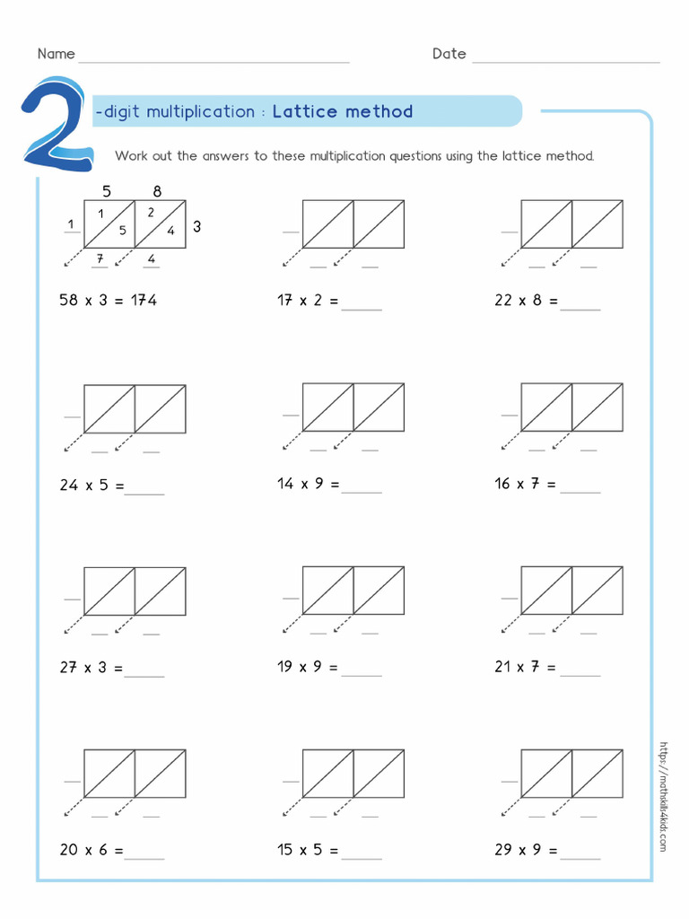 Lattice Multiplication 2 Digit by 1 Digit Worksheet | PDF