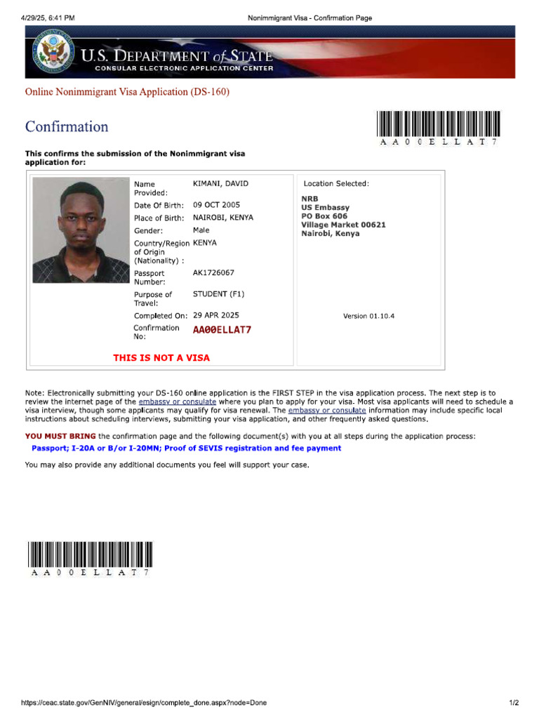 Confirmation of Ds-160 | PDF