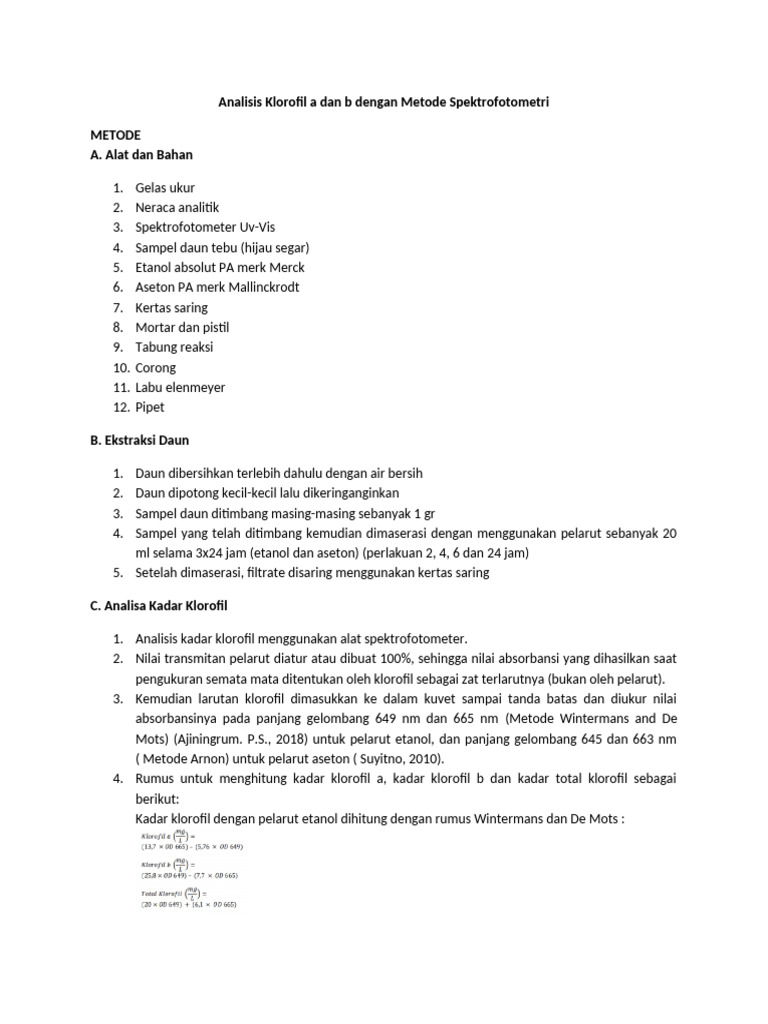 Analisis Klorofil A Dan B Dengan Metode Spektrofotometri | PDF