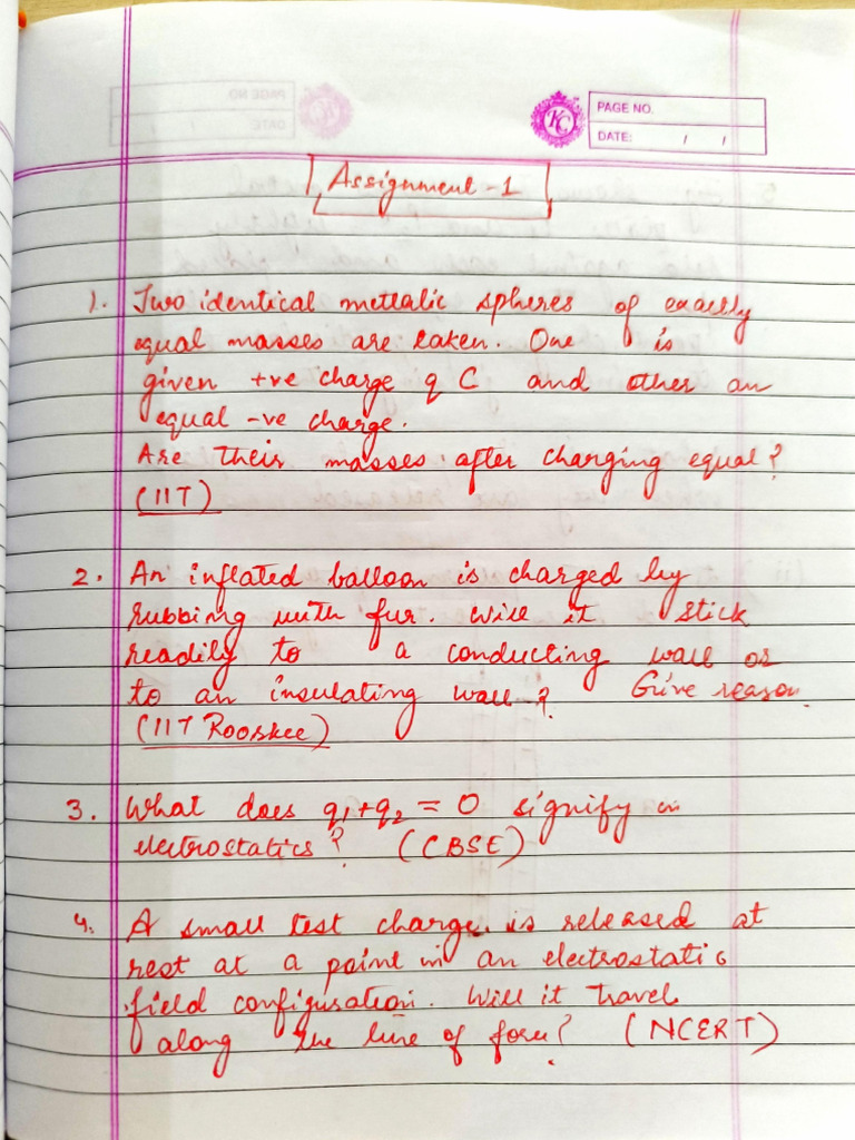 Assignment 1 On Electrostatics | PDF