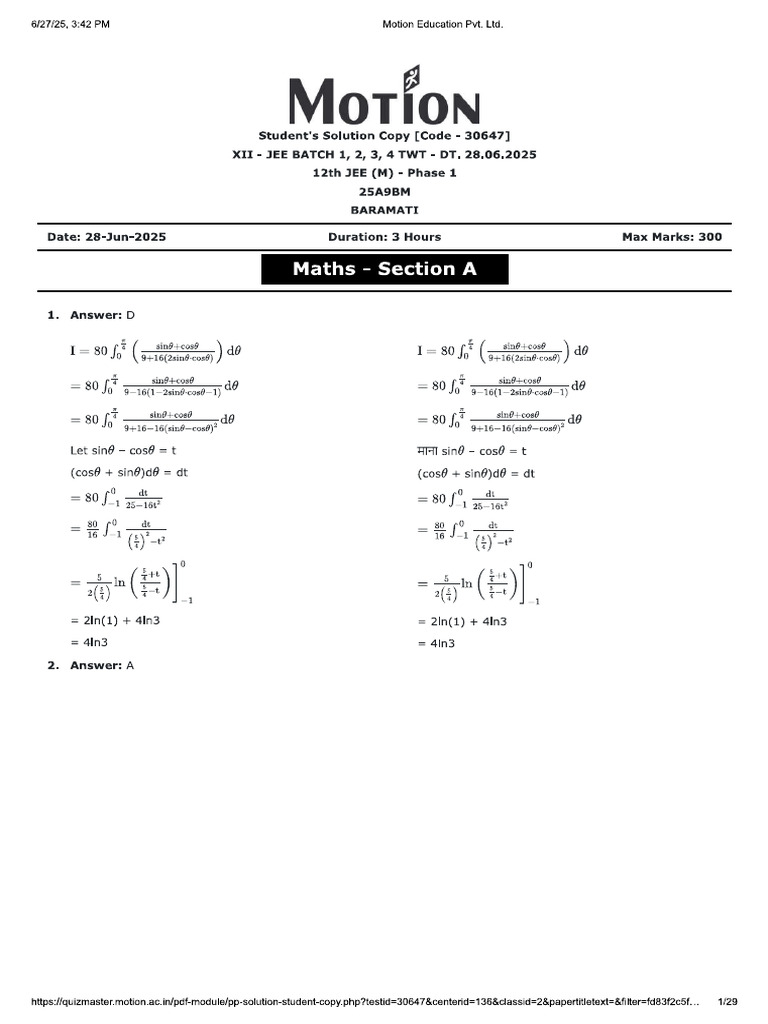 Xii - Jee 1, 2, 3 & 4 TWT DT.28.06.2025 Solutions | PDF
