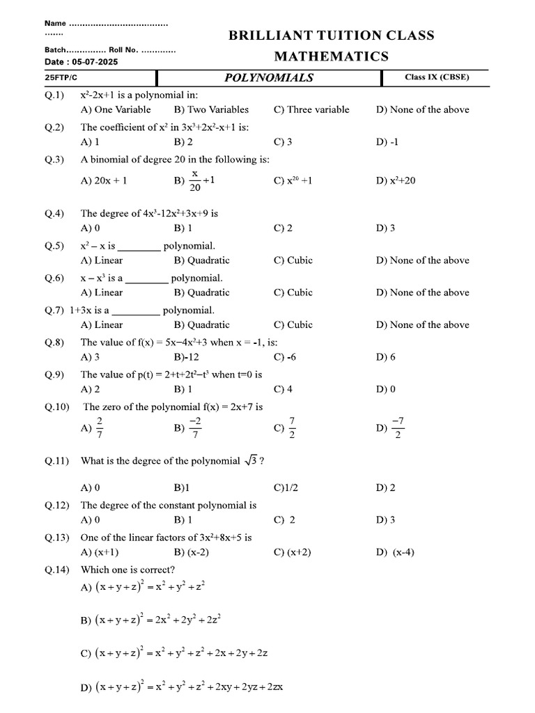 Class Ix (Polynomials) 05-07-2025 (BTC Cbse) | PDF