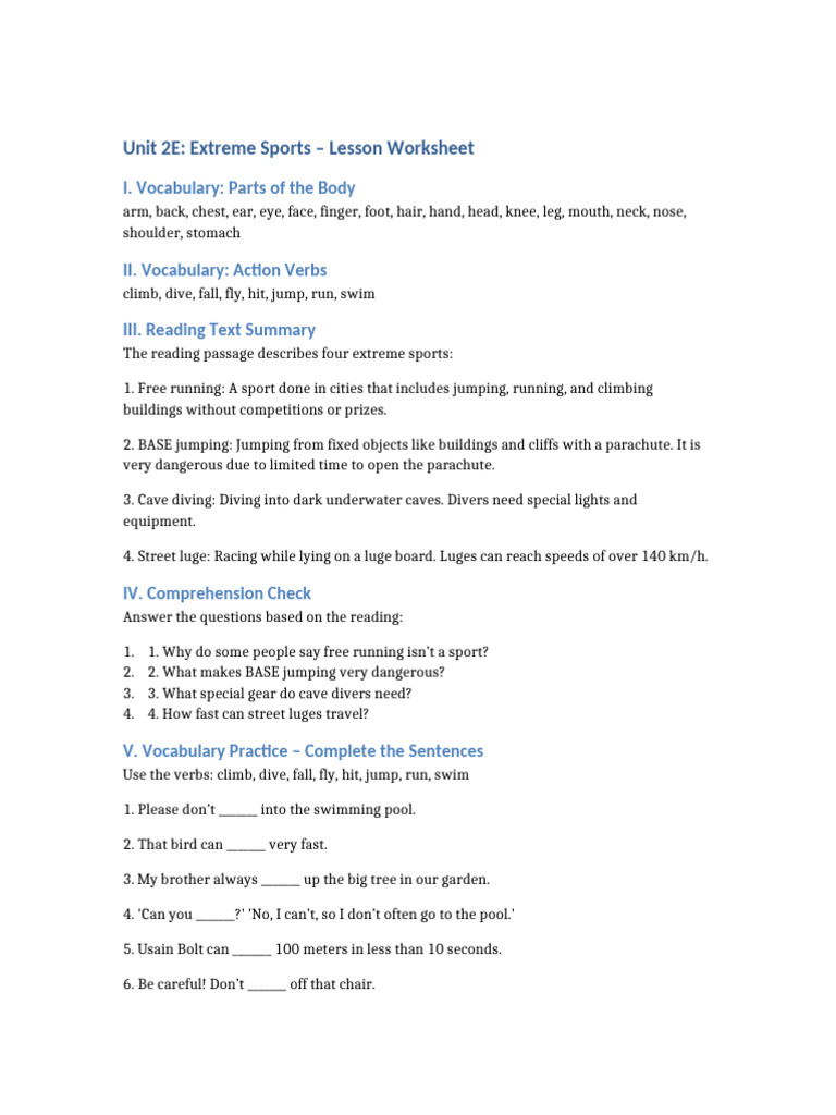 Extreme Sports Vocabulary Worksheet | PDF