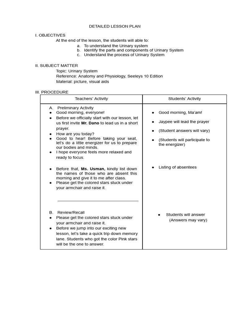 DETAILED LESSON PLAN in INJURIES | PDF | Urinary System | Kidney
