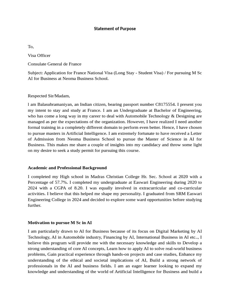Statement of Purpose For Visa France | PDF | Artificial Intelligence ...