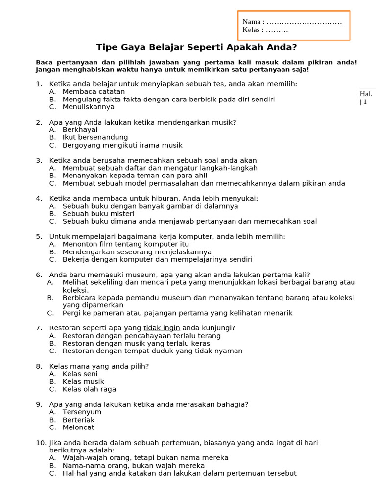 Tipe Belajar - Kuisioner | PDF