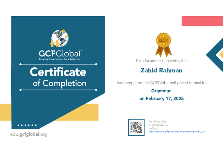 GCFGLOBAL Grammar Certificate Zahid Rahman | PDF