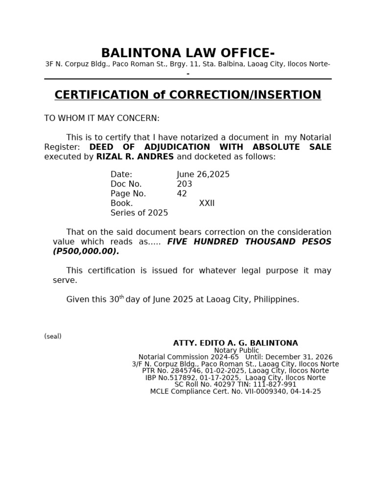 Certification of Document Correction | PDF