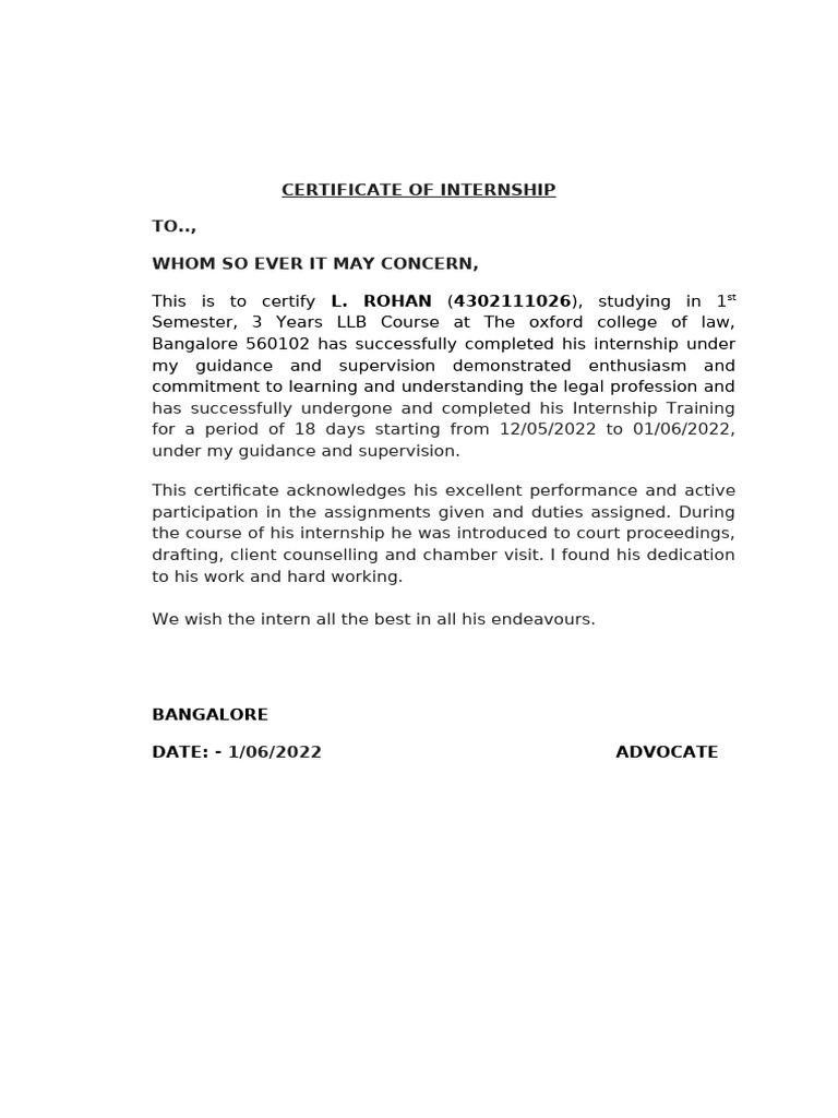 Internship Certificate for L. Rohan | PDF