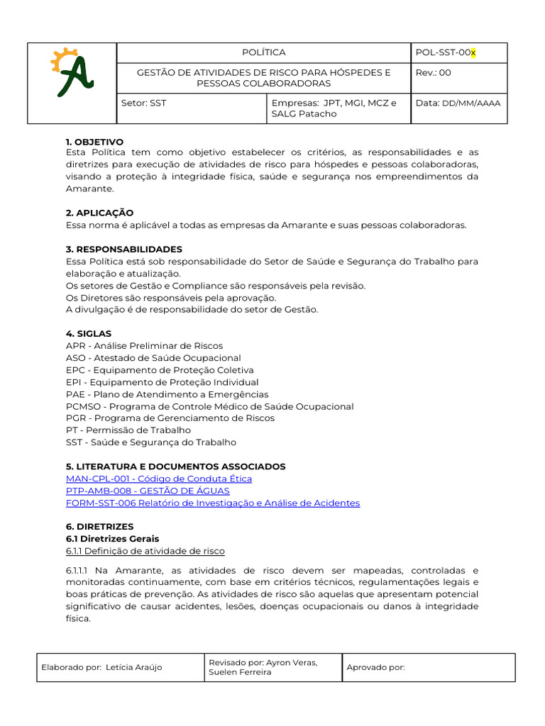 POL-SST-00X Política de Atividades de Risco para Hóspedes e Pessoas Colaboradoras | PDF ...
