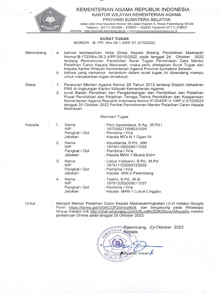 Surat Tugas Mentor Pelatihan Cakamad Angkatan II Tahun 2022 | PDF