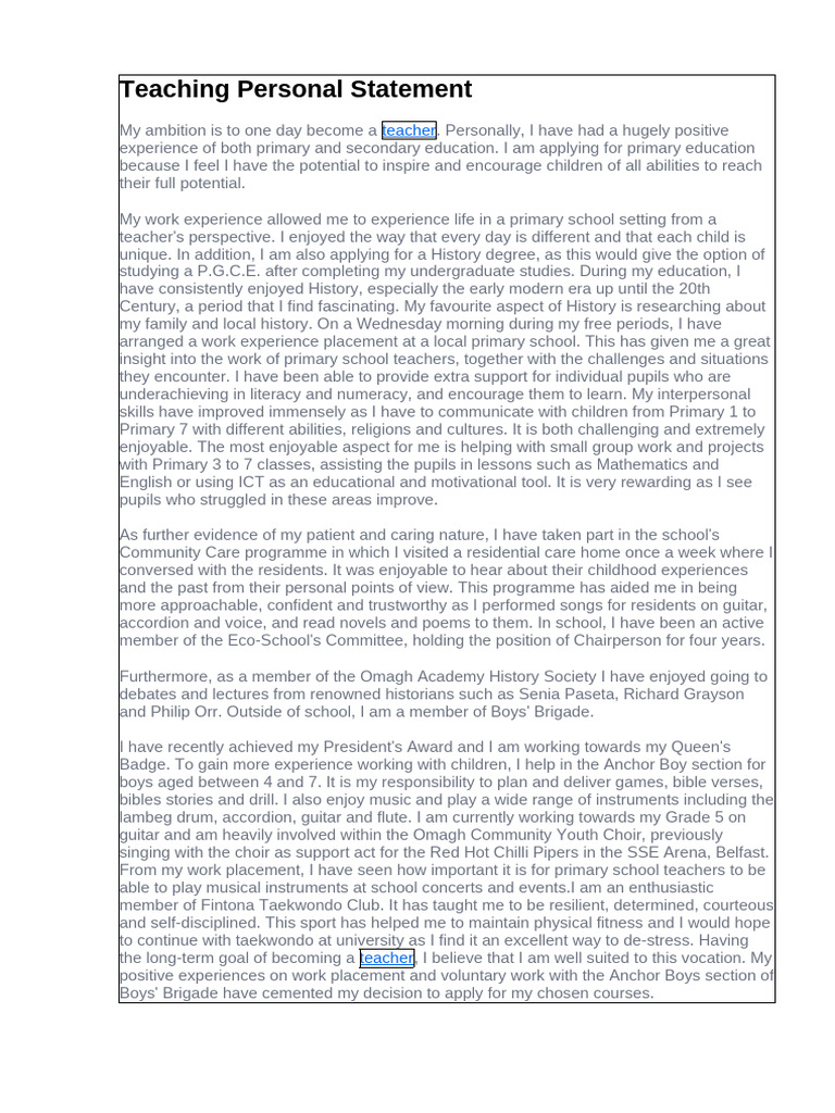 Teaching Personal Statement | PDF | Teachers | Learning
