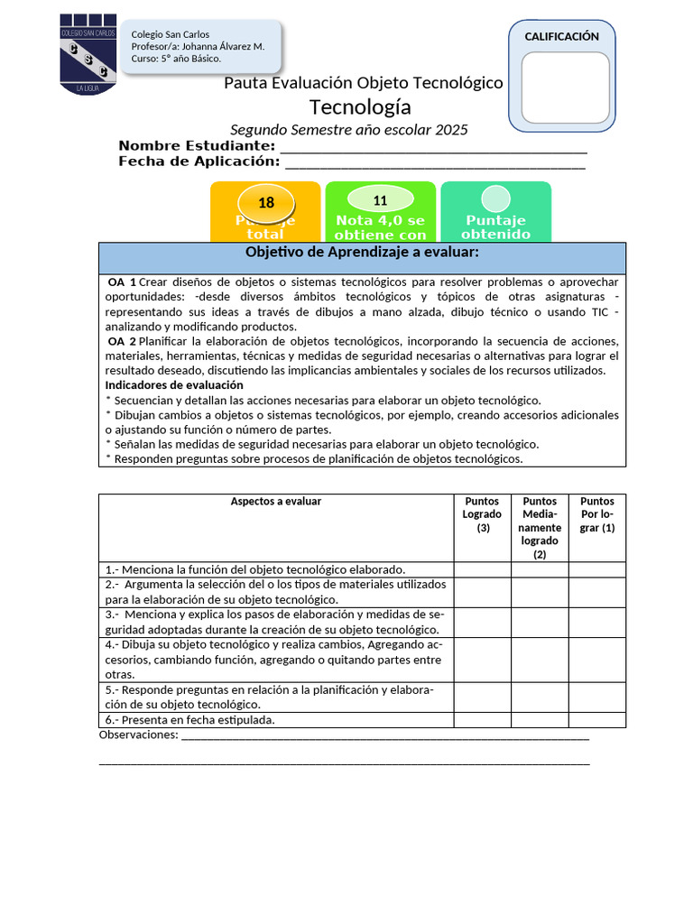5º Evaluación Del Obejto Tecnológico | PDF | Planificación | Aprendizaje