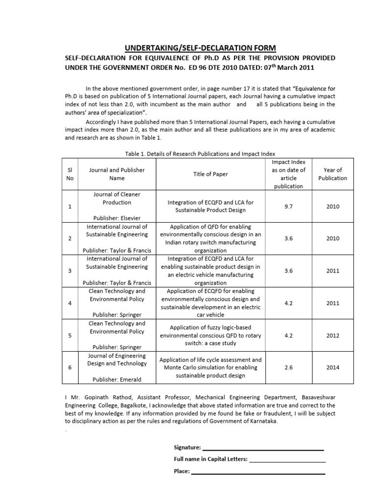 Ph.D. Declaration for Research Publications | PDF | Life Cycle Assessment