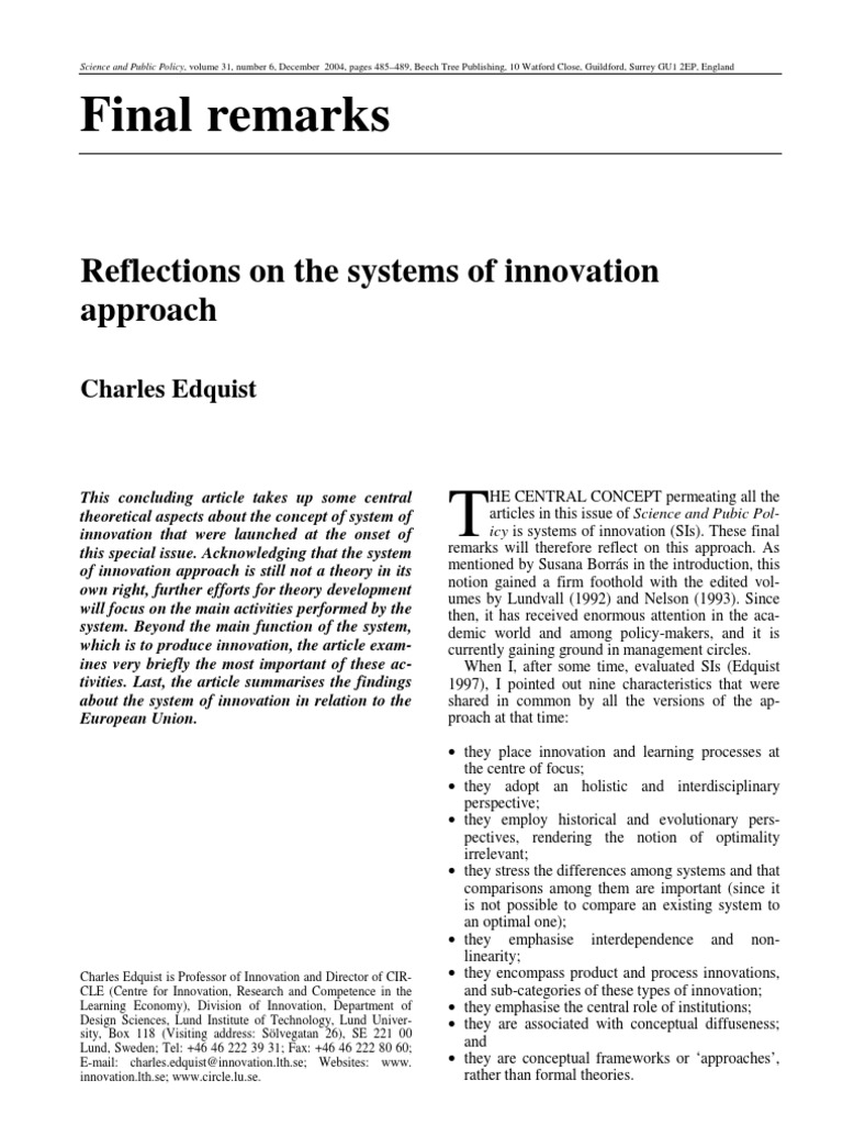 Reflections On The Systems of Innovation Approach | PDF | Innovation ...