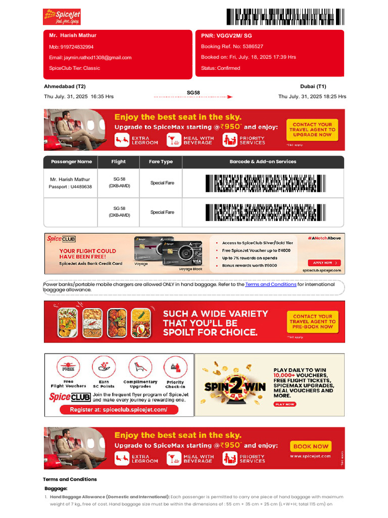 SpiceJet - E-Ticket - 31 July 2025 Amd-Dxb For MR. Harish | PDF ...