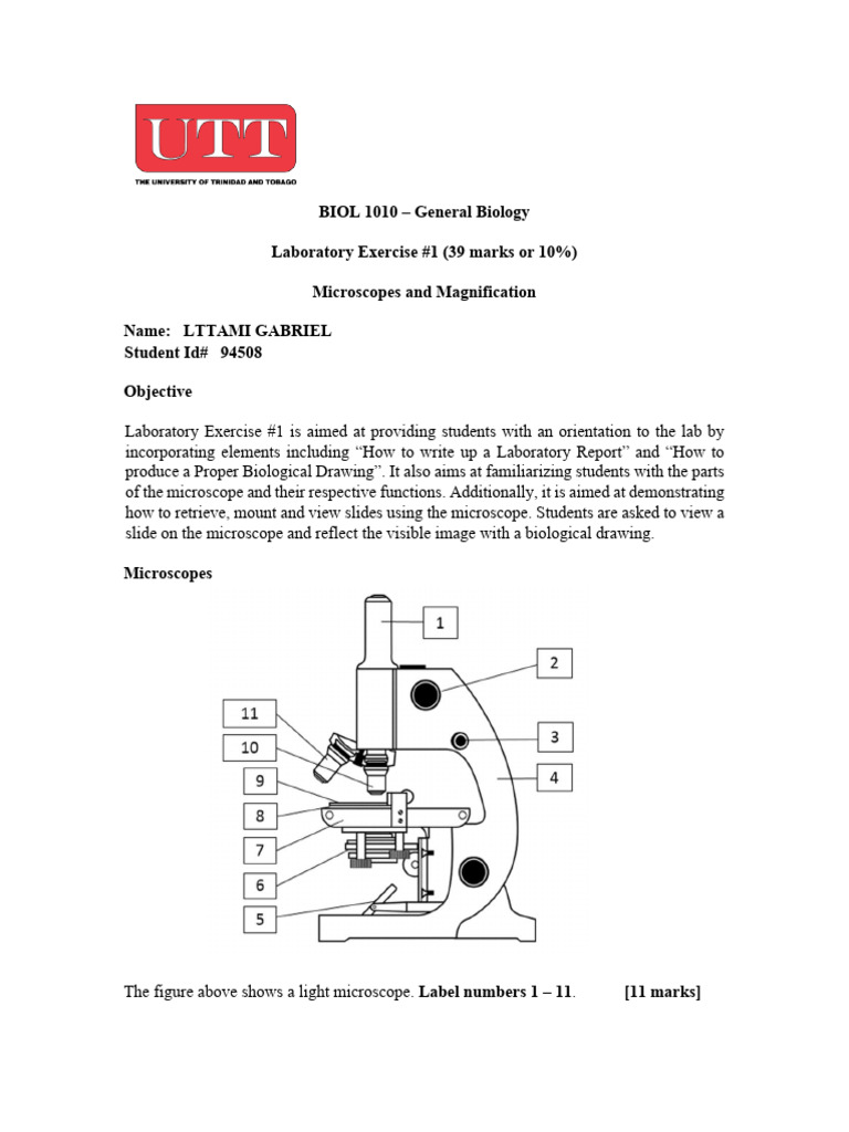 BIOL 1010 - General Biology Laboratory Exercise #1 (39 Marks or 10%) Microscopes and ...